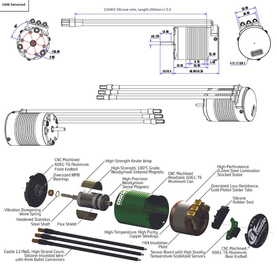 Castle 10th Scale 1406 Sensored Motor - 4600KV (Includes free Motor Fan)